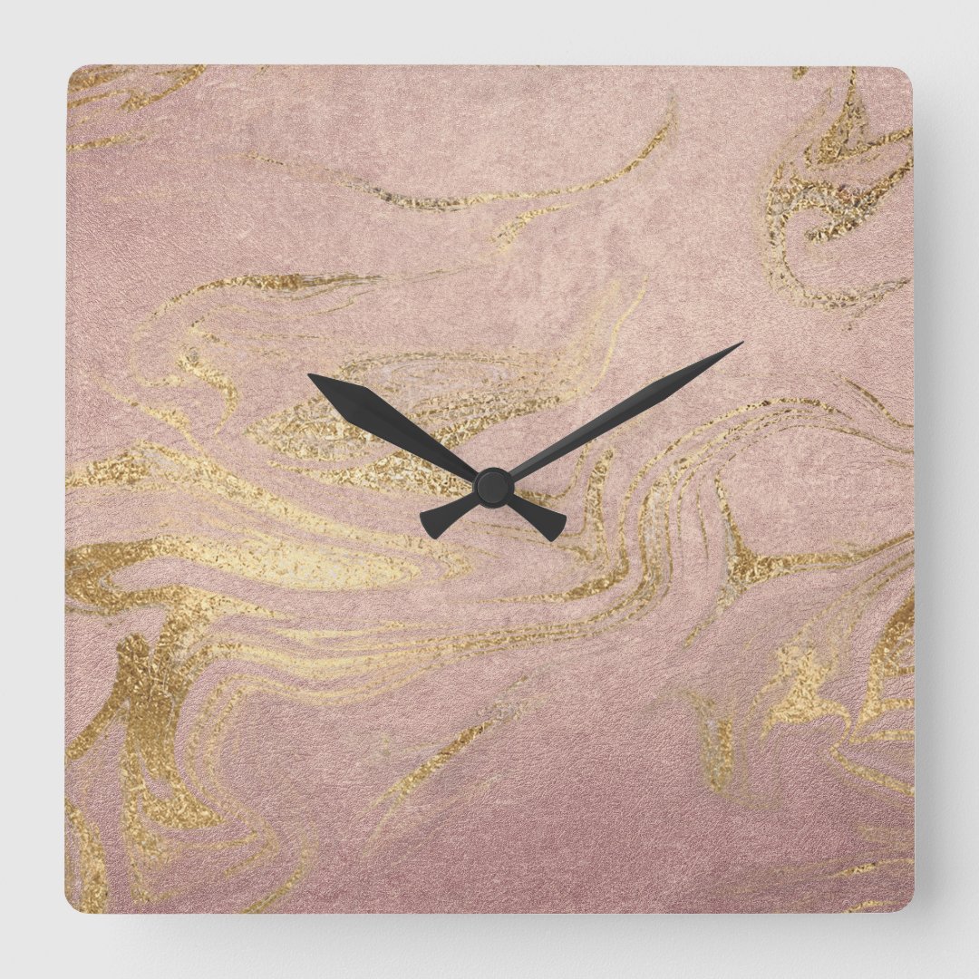 Elegant modern gold and rose gold marble look square wall clock | Zazzle