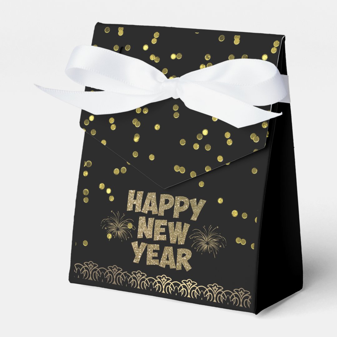 Elegant Modern Gold Black Happy New Year Favor Box | Zazzle