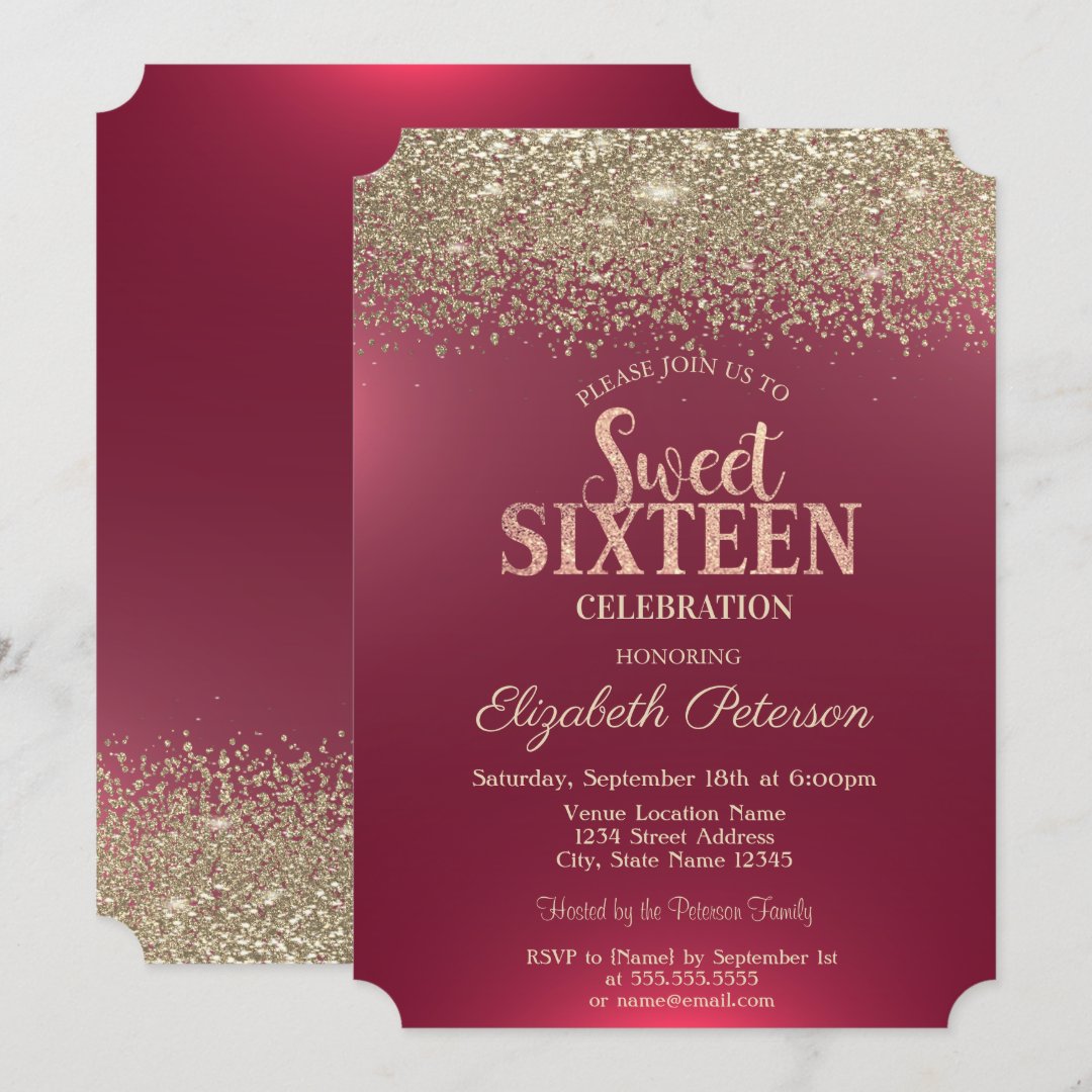 Elegant Modern Gold Confetti Diamonds Red Sweet 16 Invitation | Zazzle