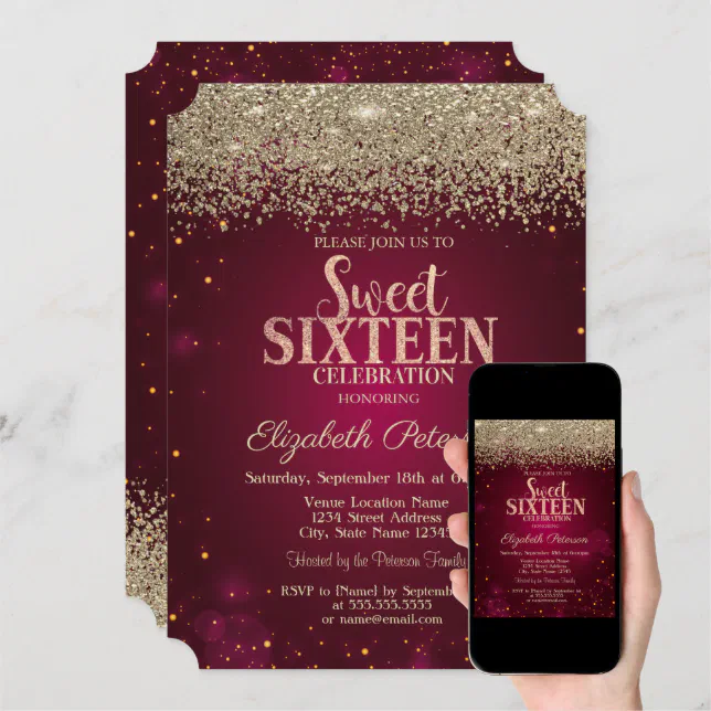 Elegant Modern Gold Diamonds Red Sweet 16 Invitation | Zazzle
