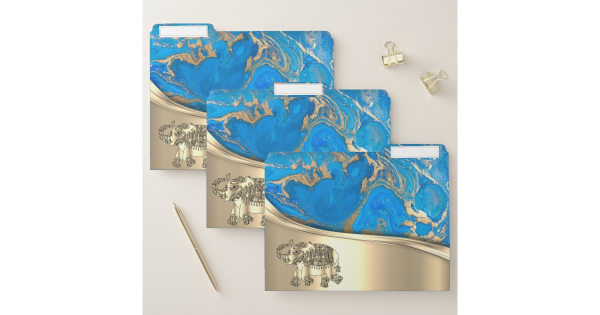 Elegant Modern Gold Elephant Blue Marble Texture File Folder | Zazzle
