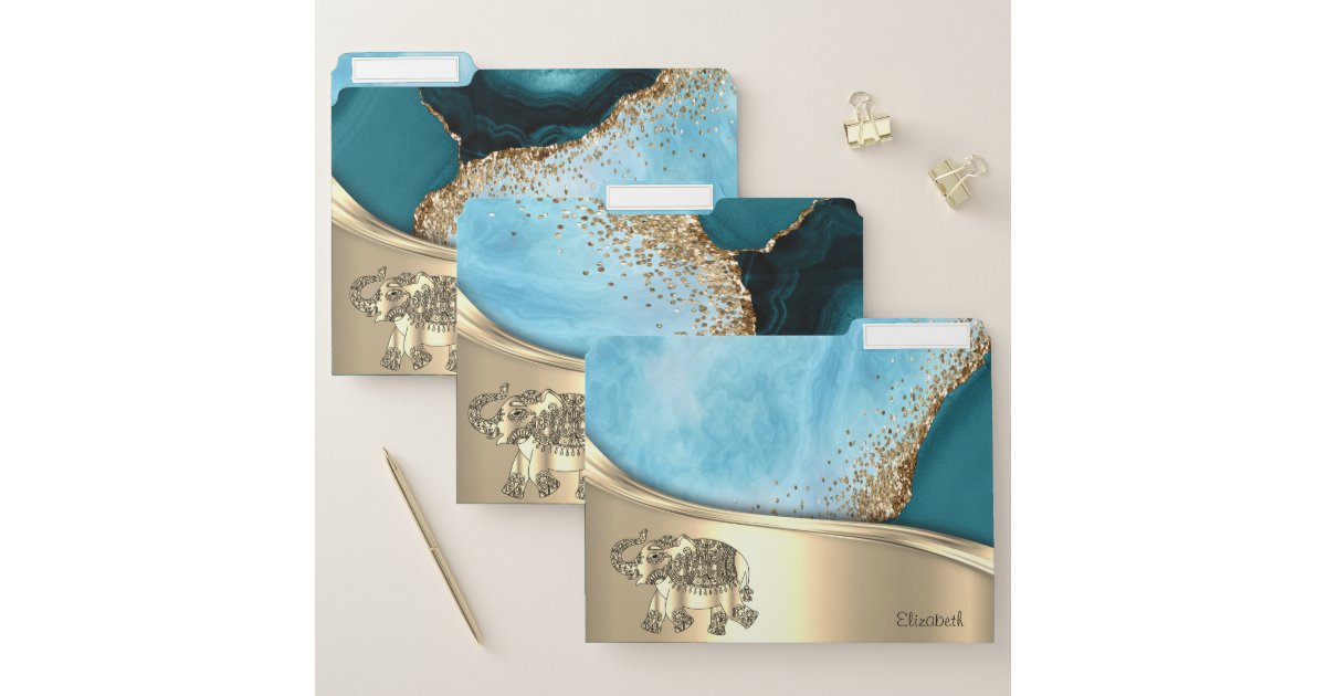 Elegant Modern Gold Elephant Turquoise Marble File Folder | Zazzle
