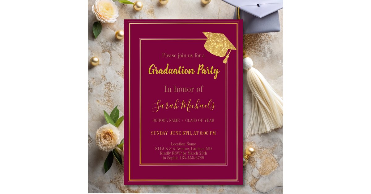 Elegant Modern Gold Glitter Graduation Cap Invitation | Zazzle