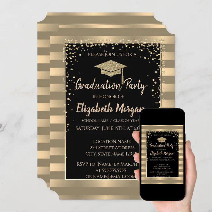 Elegant Modern Gold Glitter Graduation Cap,Stripes Invitation | Zazzle