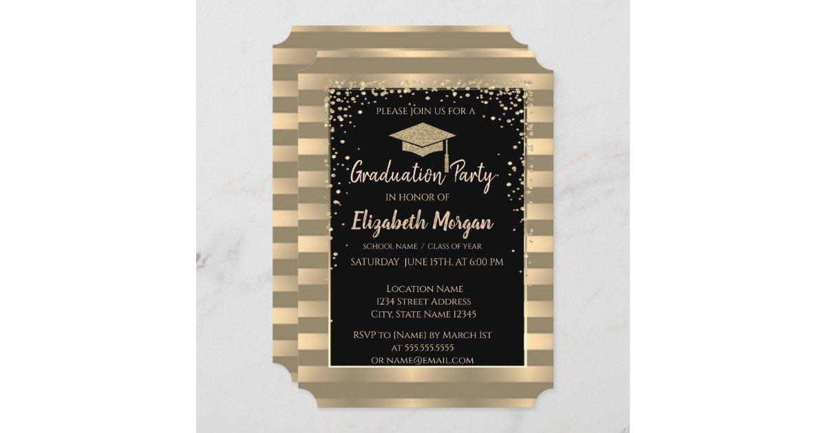 Elegant Modern Gold Glitter Graduation Cap,Stripes Invitation | Zazzle