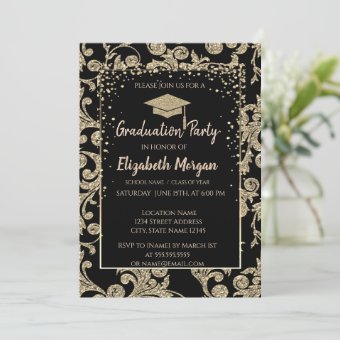 Elegant Modern Gold Glitter Graduation Cap,Swirls Invitation | Zazzle