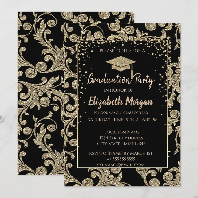 Elegant Modern Gold Glitter Graduation Cap,Swirls Invitation | Zazzle