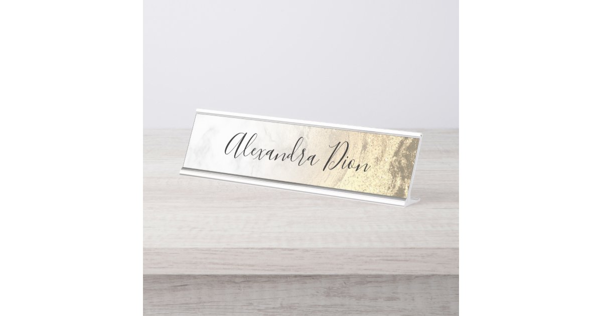 Elegant modern gold glitter white marble desk name plate | Zazzle