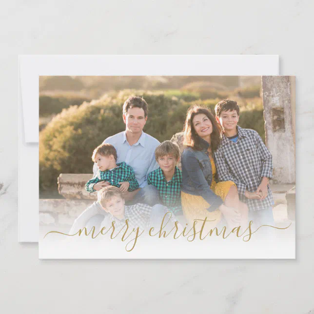 Elegant Modern Gold Merry Christmas Script Photo Holiday Card | Zazzle