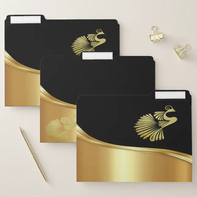 Elegant Modern Gold Peacock , Black File Folder | Zazzle