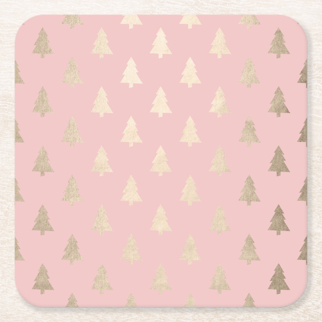 Elegant modern gold & pink Christmas tree pattern Square Paper Coaster ...