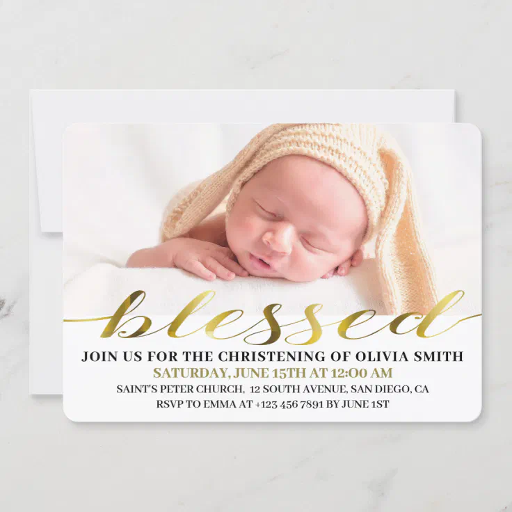 Elegant Modern Gold Script Photo Christening Invitation | Zazzle