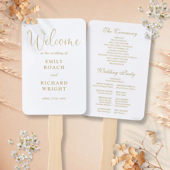 Elegant Modern Gold Script Wedding Program Hand Fan | Zazzle
