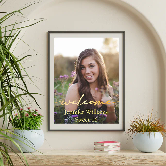 elegant modern gold sweet 16 photo welcome sign | Zazzle