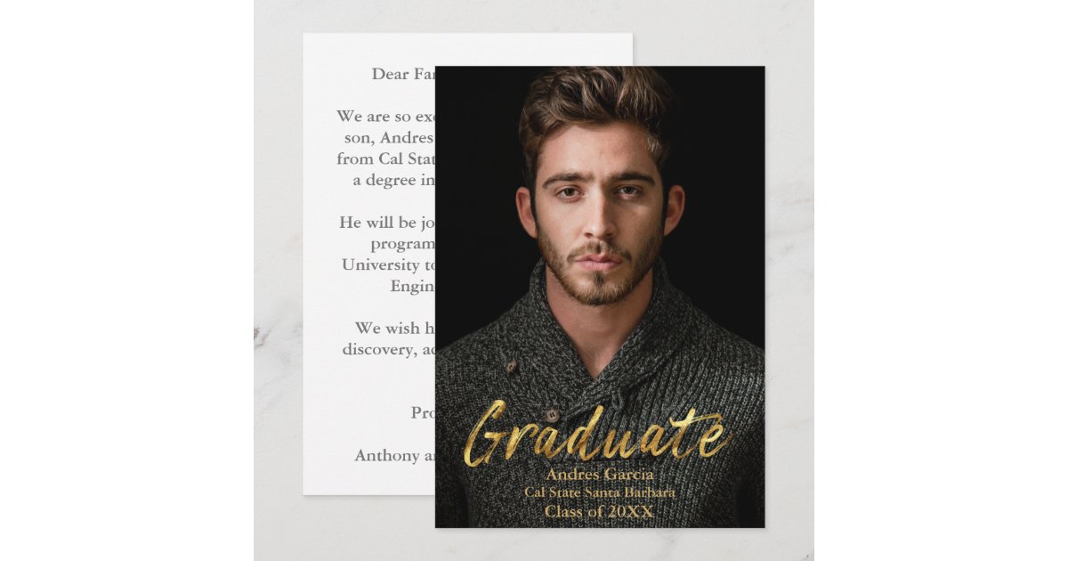 Elegant Modern Gold Text Overlay Graduate Photo Announcement | Zazzle