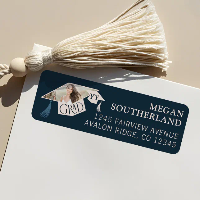 Elegant Modern Grad Cap & Tassel Graduation Photo Label | Zazzle