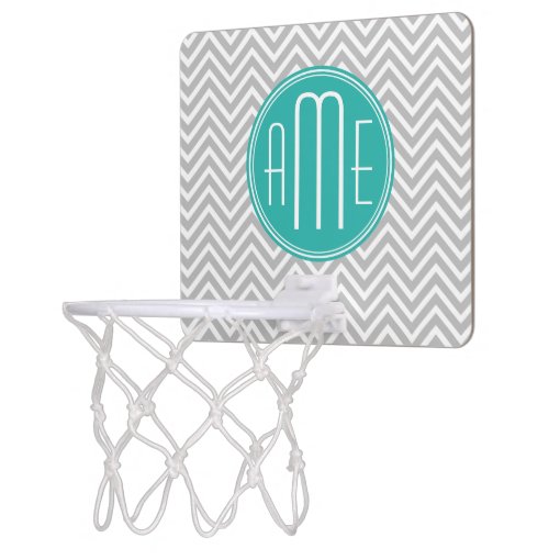Elegant Modern Gray Chevron and Mint Monogram Mini Basketball Hoop | Zazzle