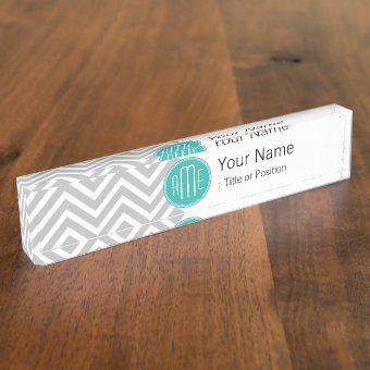 Elegant Modern Gray Chevron and Mint Monogram Name Plate | Zazzle