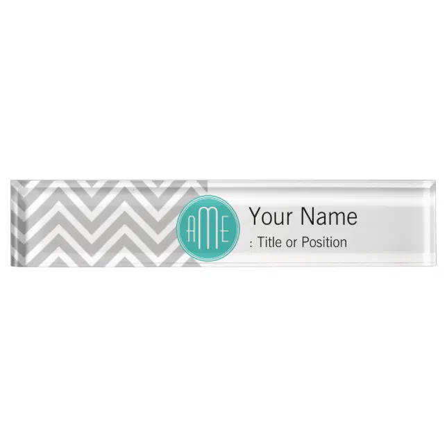 Elegant Modern Gray Chevron and Mint Monogram Name Plate | Zazzle