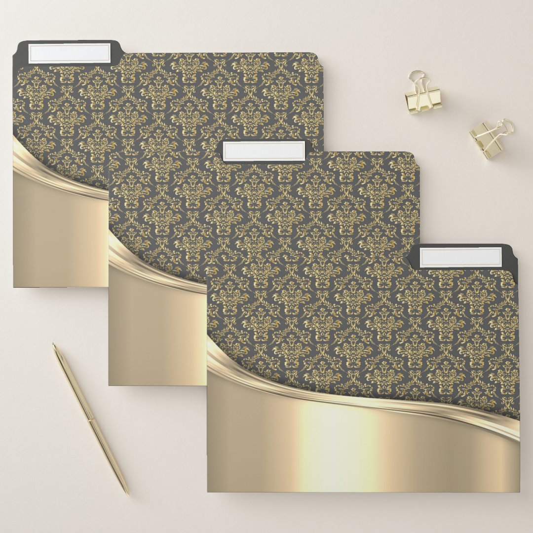 Elegant Modern Gray, Gold Damask File Folder | Zazzle