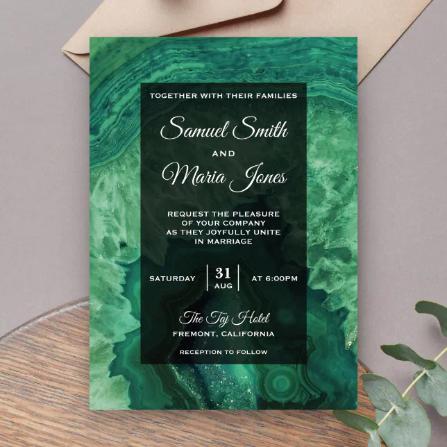 Elegant Modern Green Agate Wedding Invitation | Zazzle