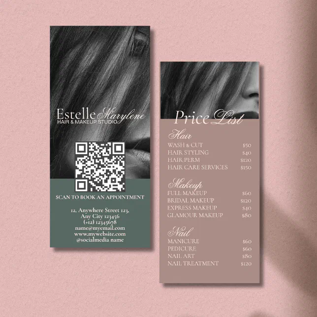Elegant Modern Green Brown Photo Hair Studio Rack Card | Zazzle