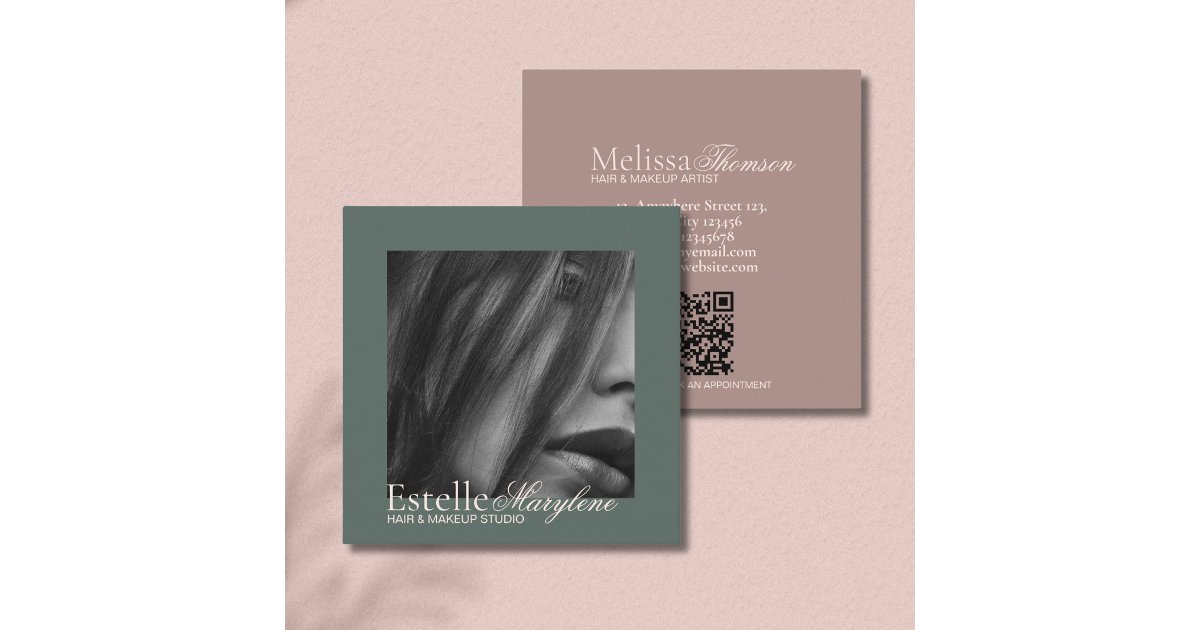 Elegant Modern Green Brown Script Hair Studio Square Business Card | Zazzle