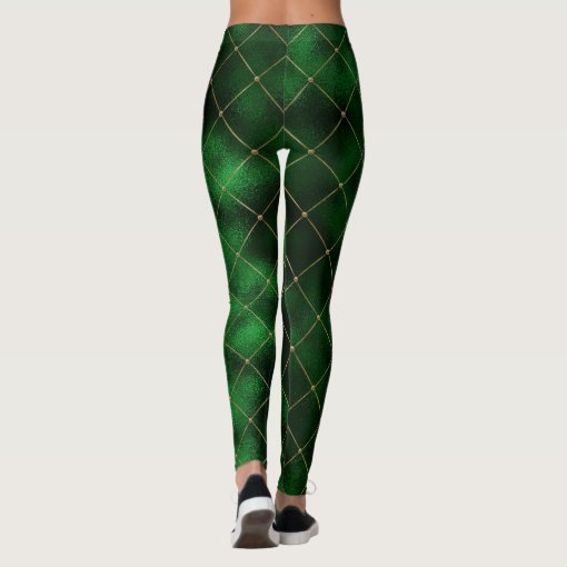 Elegant Modern Green Gold Diamond Square Pattern Leggings | Zazzle