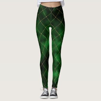 Elegant Modern Green Gold Diamond Square Pattern Leggings | Zazzle