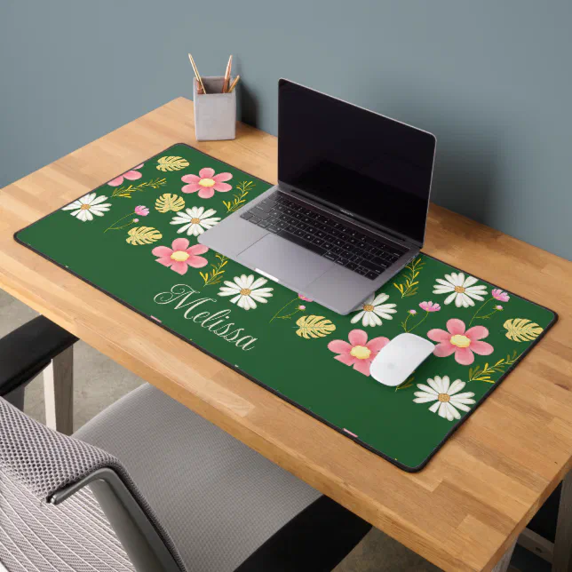 Elegant Modern Green Pink Floral Desk Mat | Zazzle
