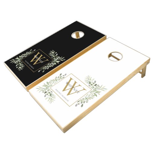 Elegant Modern Greenery Gold Monogram Black White Cornhole Set | Zazzle