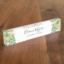 Elegant Modern Greenery Tropical Leaves Business Desk Name Plate | Zazzle