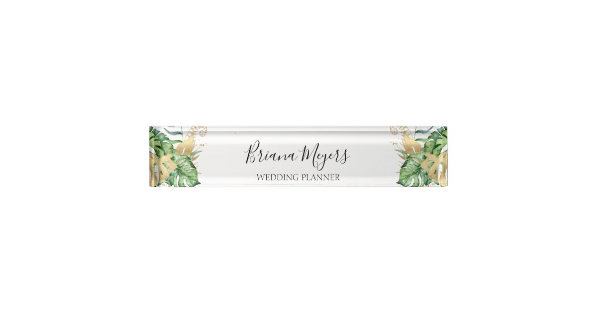 Elegant Modern Greenery Tropical Leaves Business Desk Name Plate | Zazzle