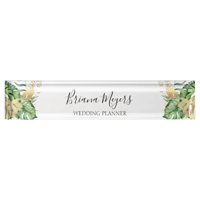 Elegant Modern Greenery Tropical Leaves Business Desk Name Plate | Zazzle