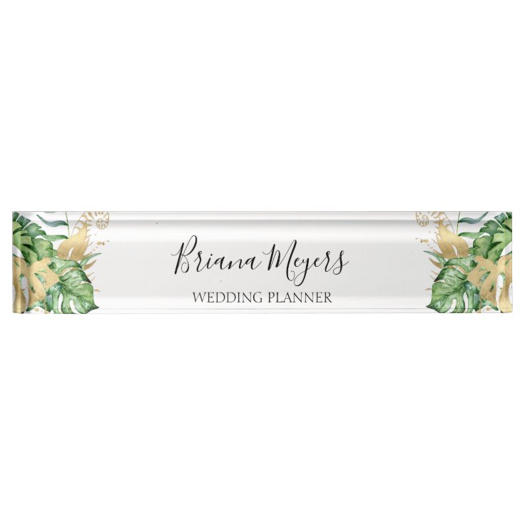 Elegant Modern Greenery Tropical Leaves Business Desk Name Plate | Zazzle