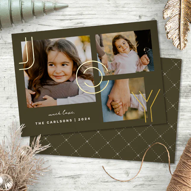 Elegant Modern Joy Collage Foil Photo Holiday Card | Zazzle