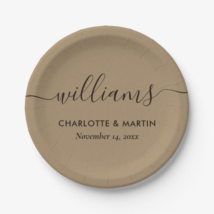 Elegant Modern Kraft Paper Script Wedding Paper Plates | Zazzle.com