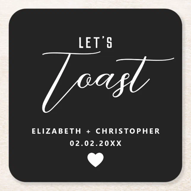 Elegant Modern "Let's Toast" Black White Wedding Square Paper Coaster | Zazzle