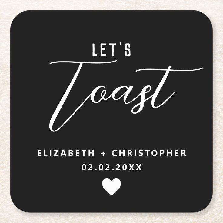 Elegant Modern "Let's Toast" Black White Wedding Square Paper Coaster ...