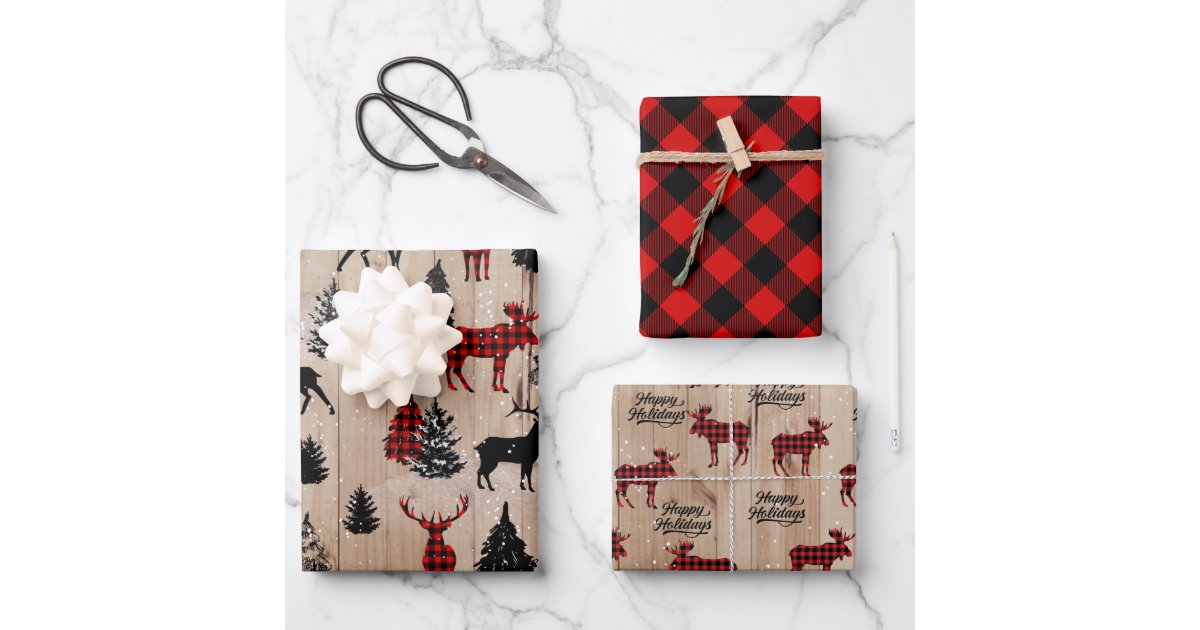 Elegant modern lumberjack moose plaid wrapping paper sheets | Zazzle