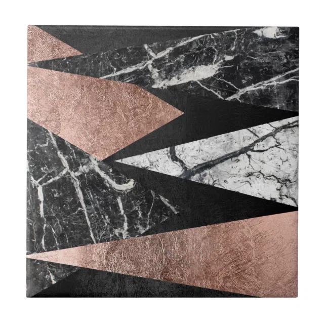 Elegant Modern Marble, Rose Gold, & Black Triangle Tile | Zazzle