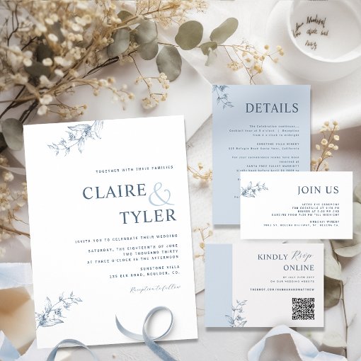 Elegant Modern Minimal Blue Wedding Invitation | Zazzle