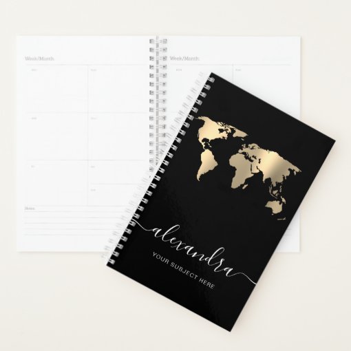 Elegant modern minimal gold black world map planner | Zazzle