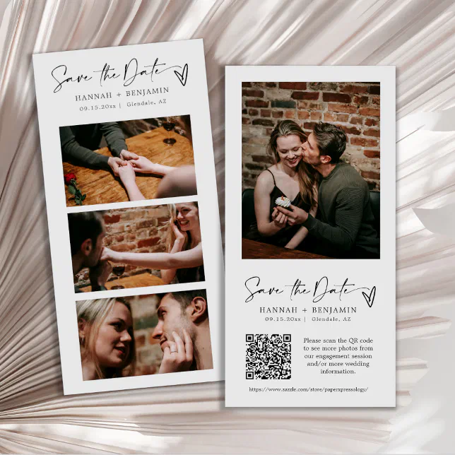 Elegant Modern Minimal Photo Booth Strip QR Code Save The Date | Zazzle