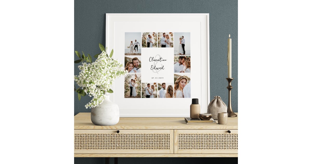 Elegant modern minimal photo collage wedding poster | Zazzle