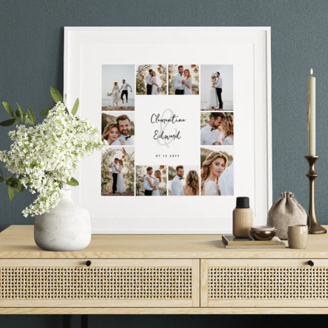 Elegant modern minimal photo collage wedding poster | Zazzle