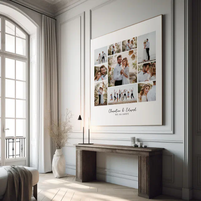 Elegant modern minimal photo collage wedding poster | Zazzle