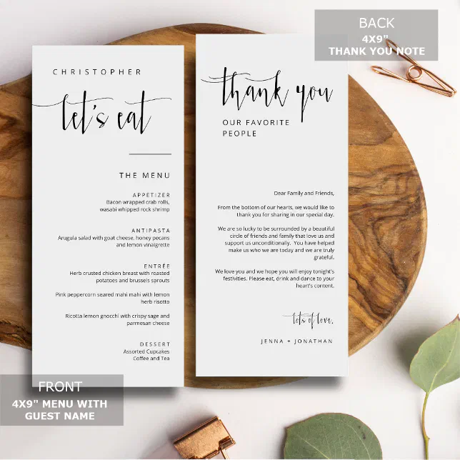 Elegant Modern Minimal Thank You Placecard Menu | Zazzle