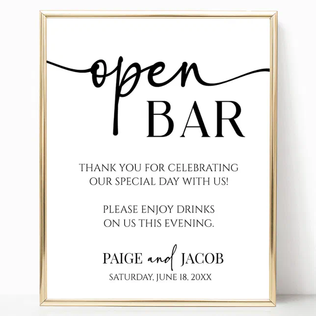 Elegant Modern Minimalist Wedding Open Bar Sign | Zazzle