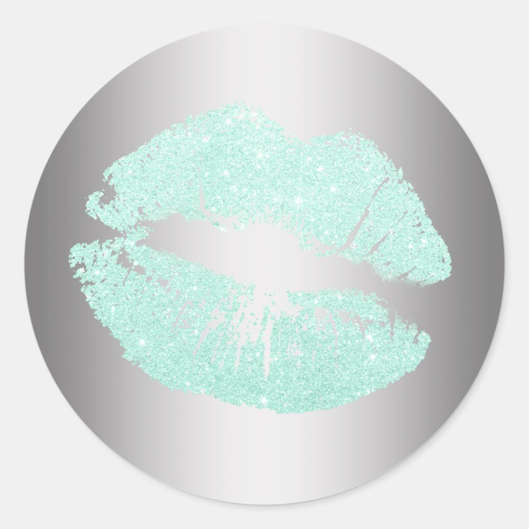Elegant modern mint green glitter lips silver classic round sticker ...